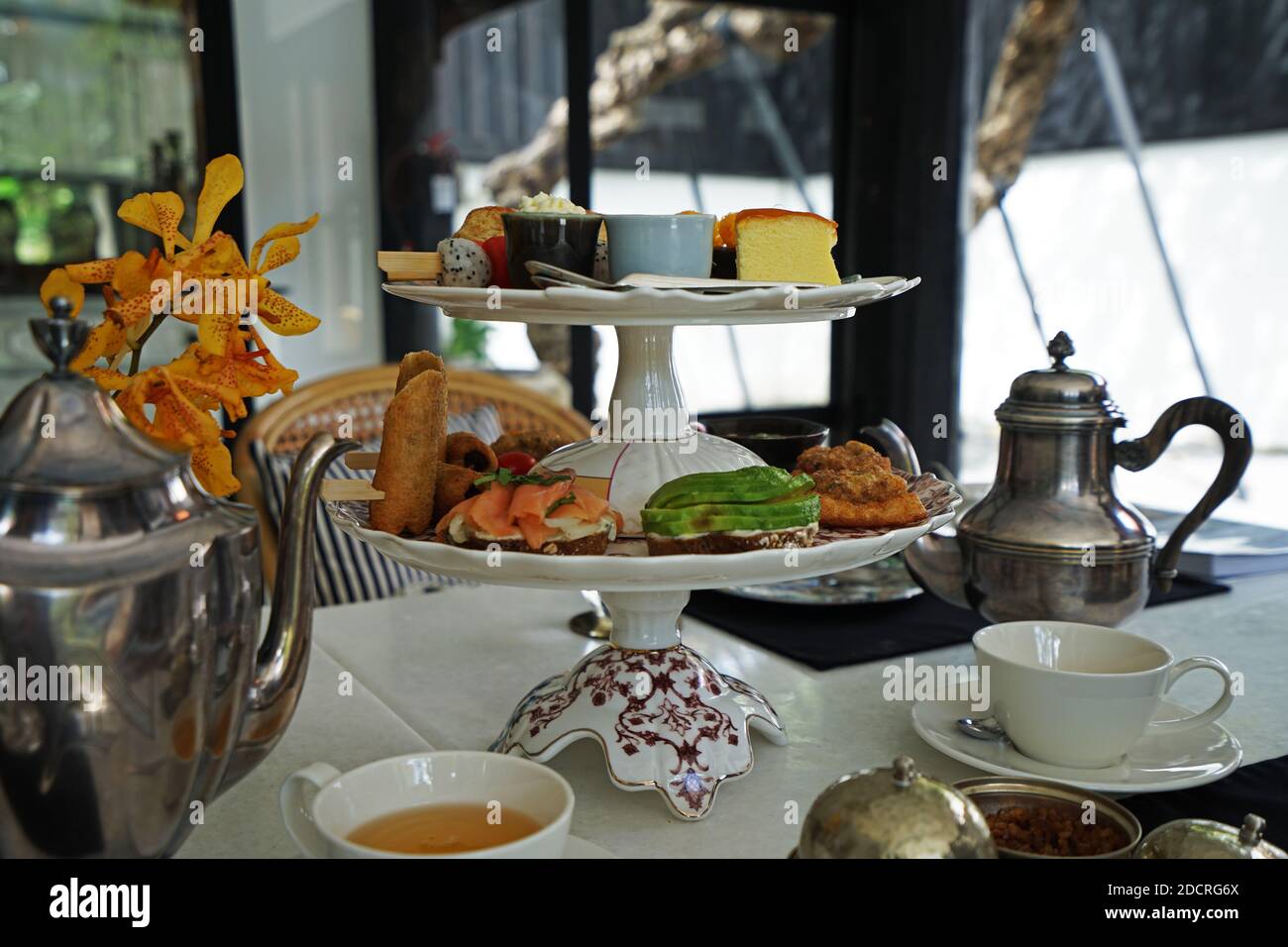 Close up Afternoon tea bakery and pastry in Thai style -Smoked salmon ...