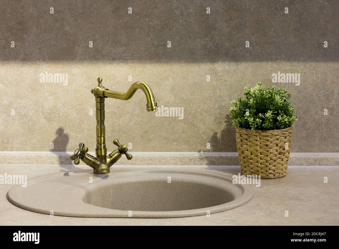 round porcelain tile kitchen sink on the kitchen countertop and retro ...