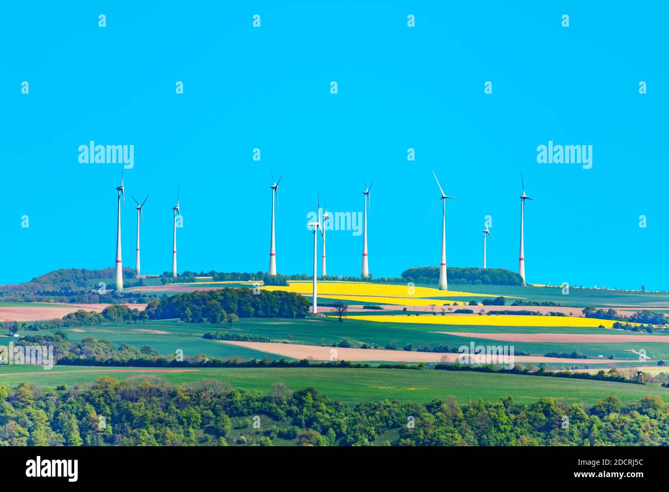 Group of white wind power turbine generators rotate in an agricultural ...