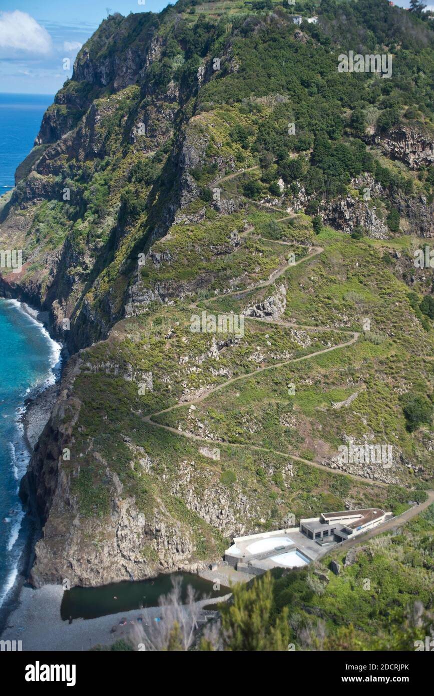 Upper view of the Calhau de São Jorge beach on the island of Madeira ...
