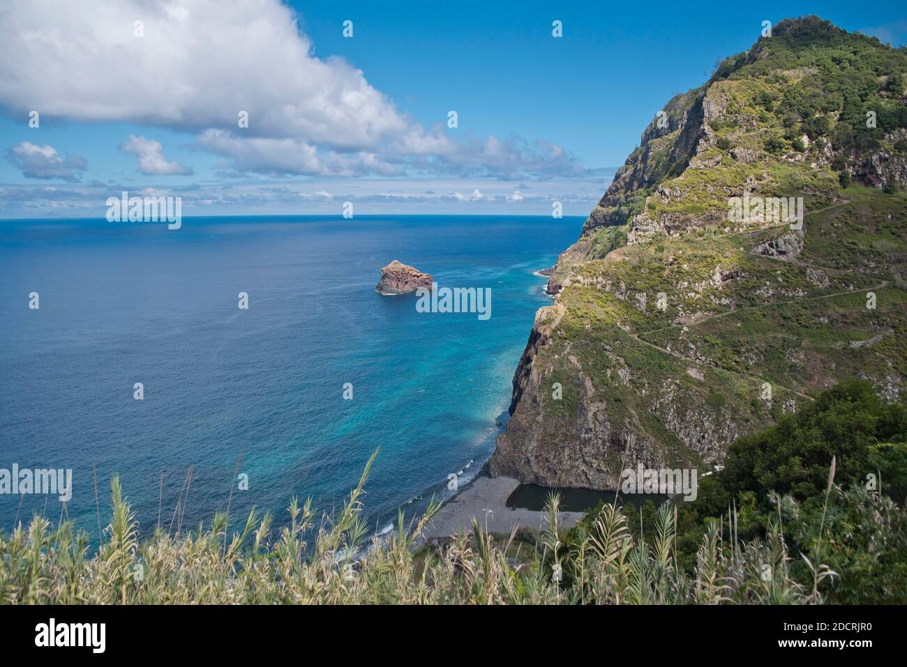 Upper view of the Calhau de São Jorge beach on the island of Madeira ...