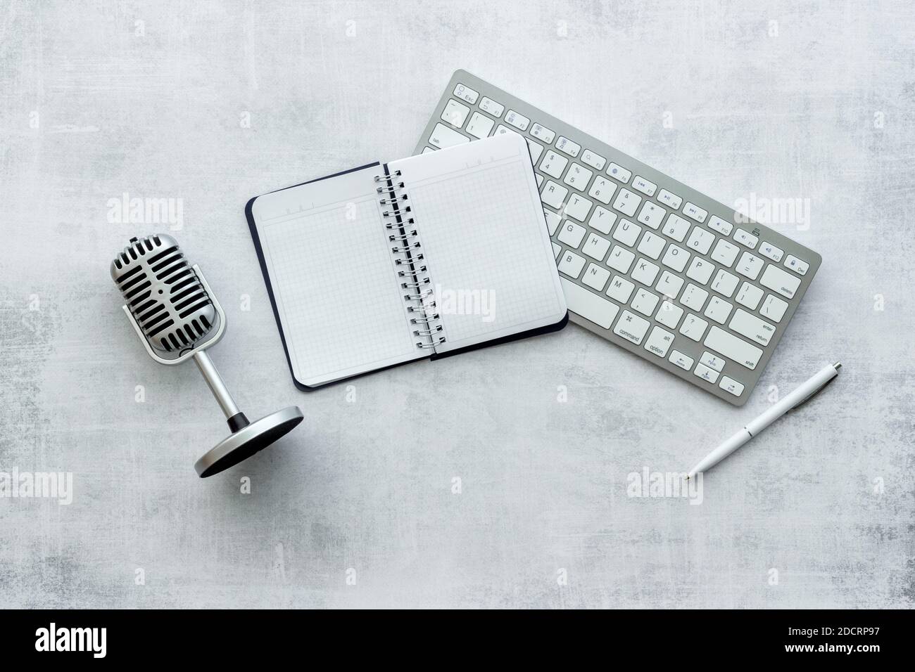 Microphone and keyboard on studio table, top view. Audio equipment and ...