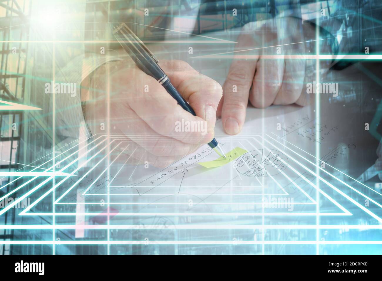 Businessman taking notes on a post-it; multiple exposure Stock Photo ...
