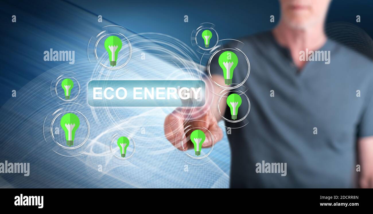 Man touching an eco energy concept on a touch screen with his finger ...