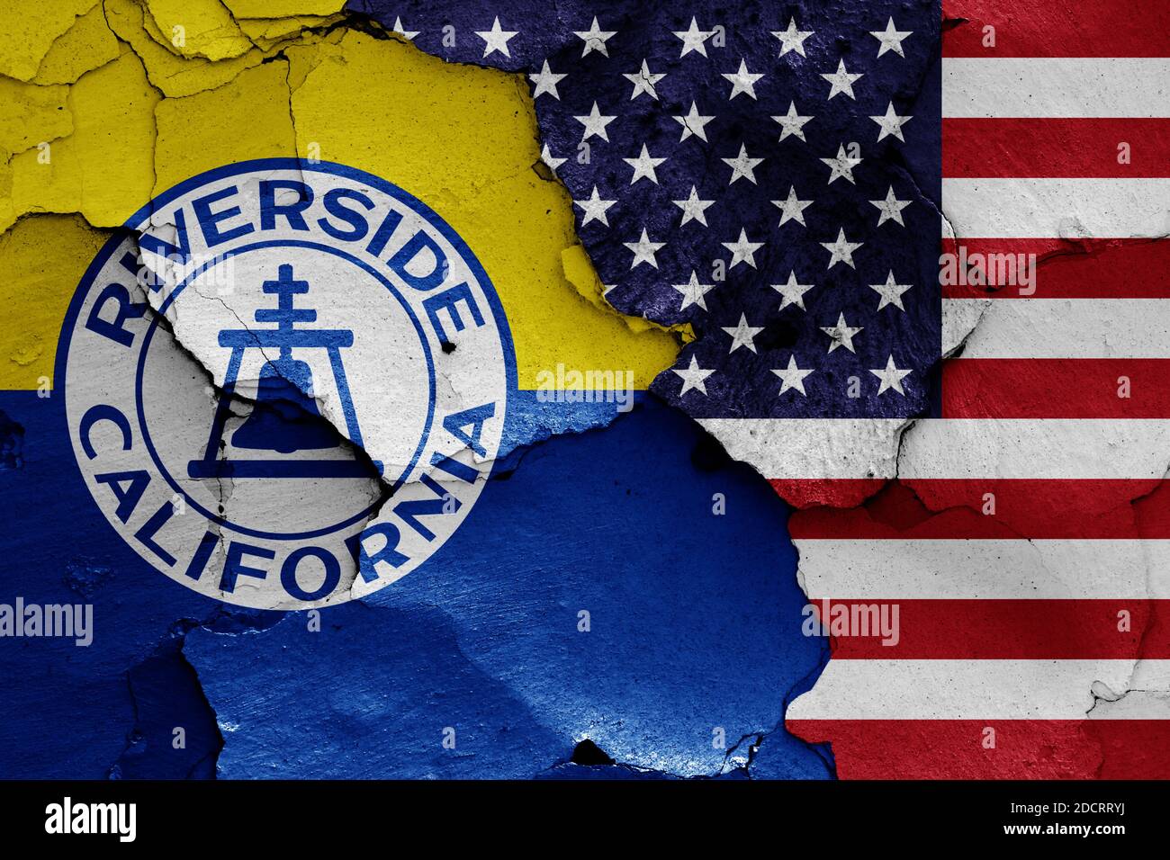flags of Riverside and USA painted on cracked wall Stock Photo - Alamy