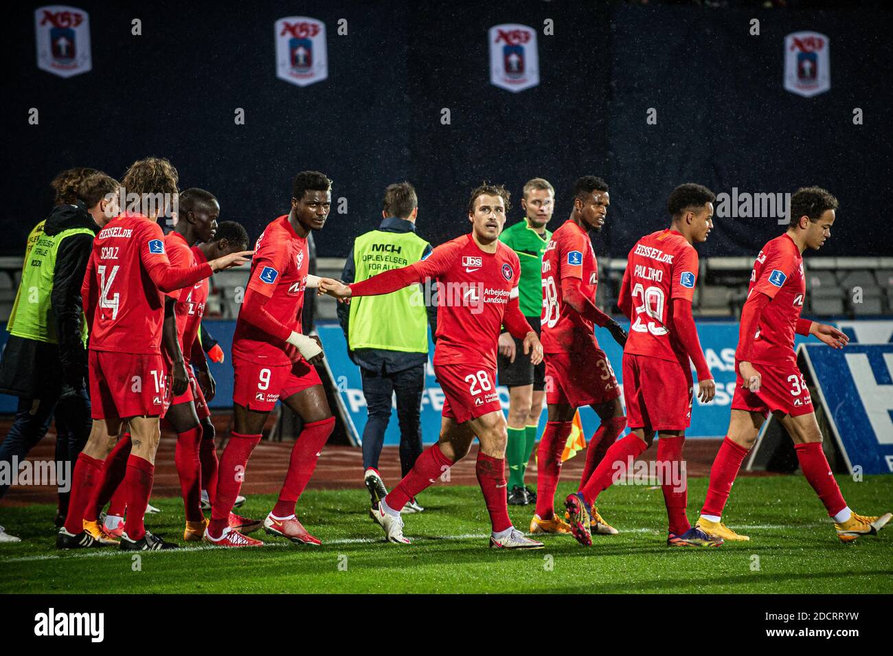 Aarhus, Denmark. 22nd Nov, 2020. Erik Sviatchenko (28) of FC Midtjylland scores but the goal is ...
