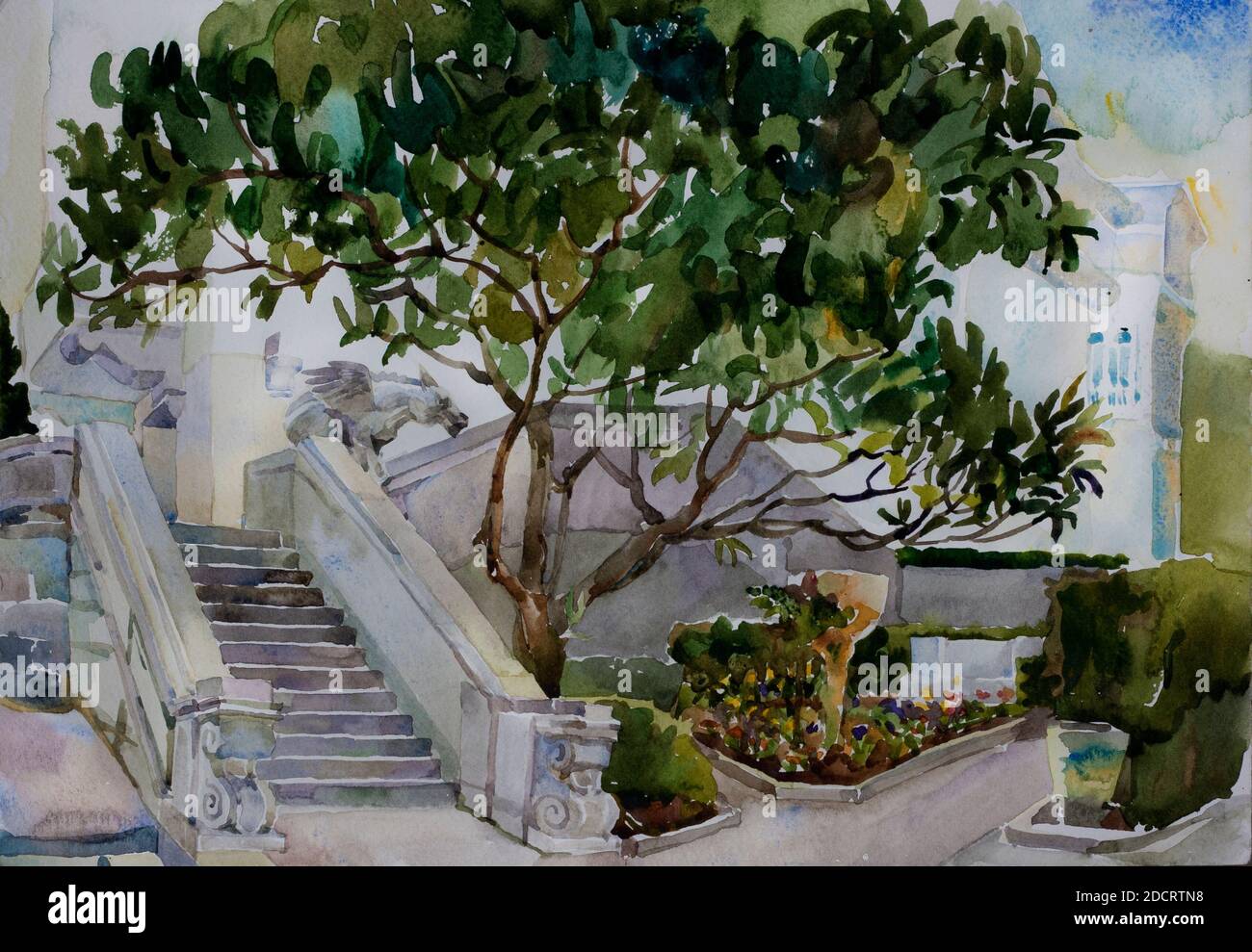 great magnolia tree and a stairs with chimera in Livadia watercolor ...