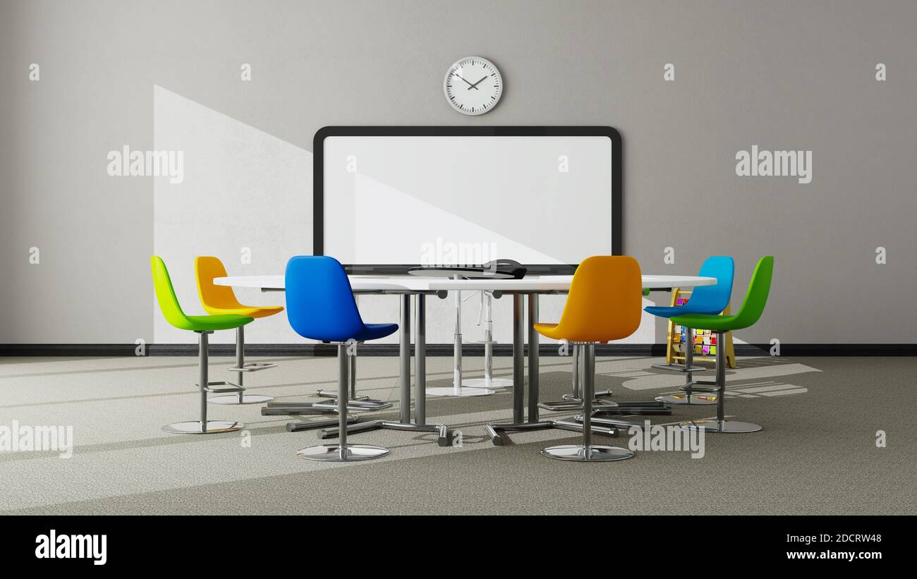 Preschool classroom idea with round table and colorful seat, carpet ...