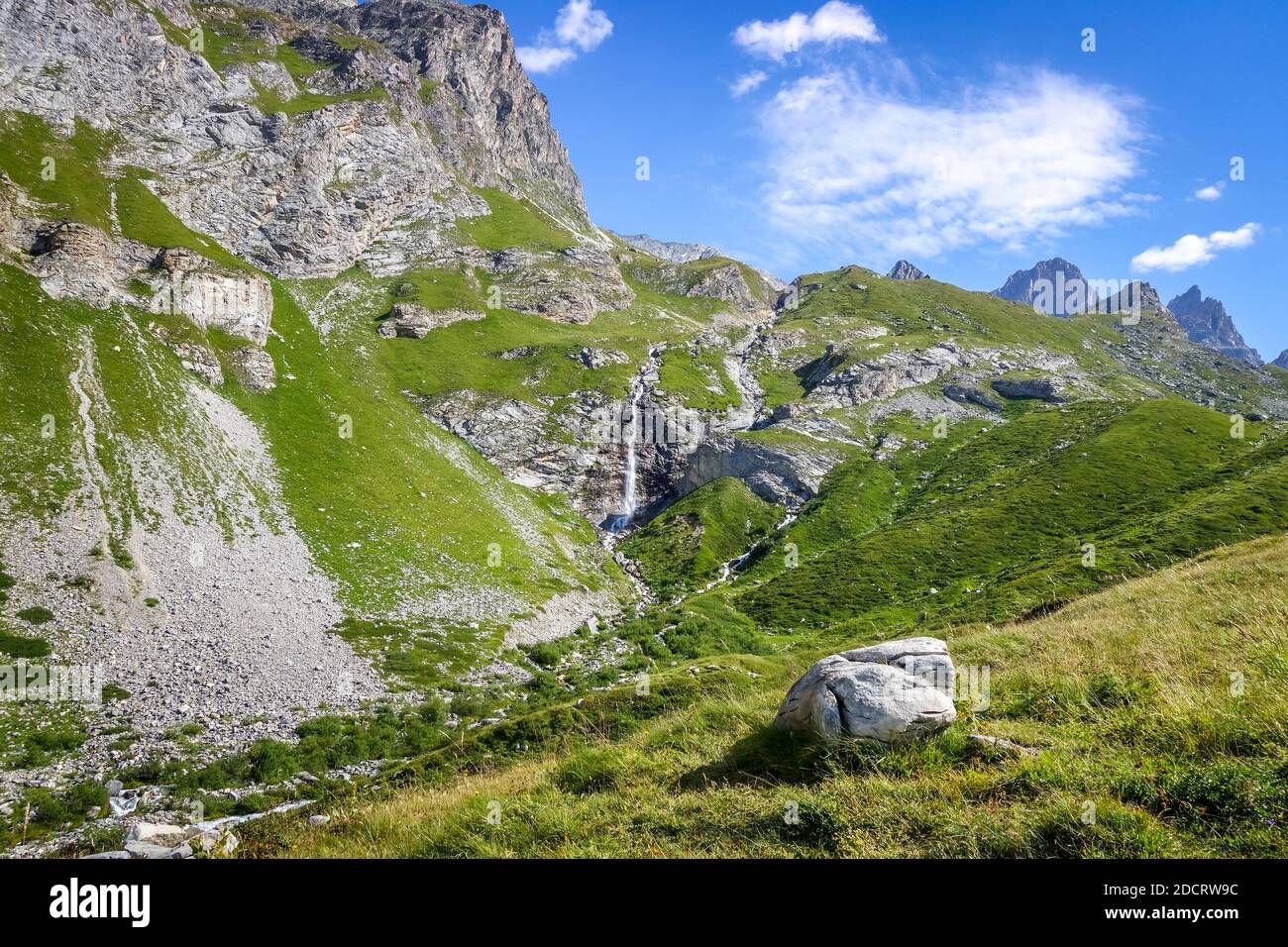 Waterfall in Vanoise national Park alpine valley, Savoie, French alps ...
