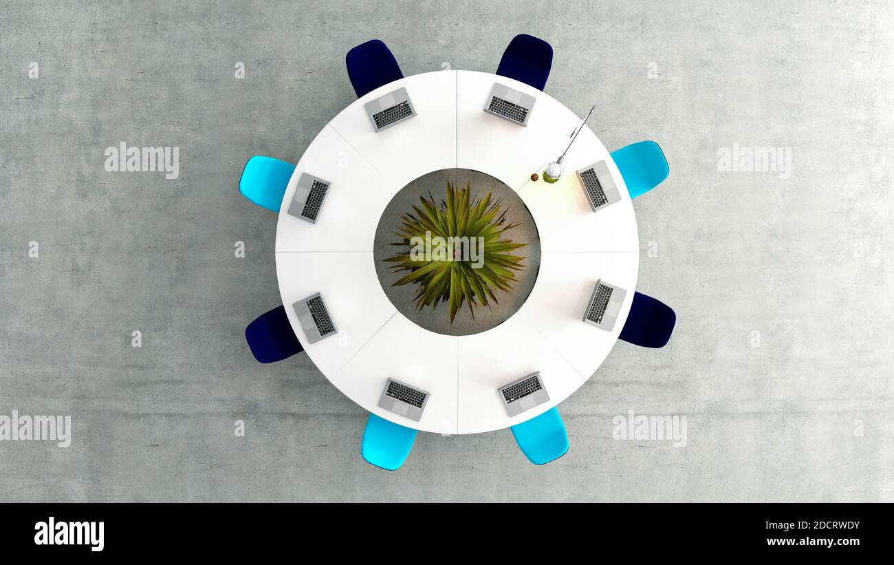 Modern meeting room top view with round white table or desk, light and ...