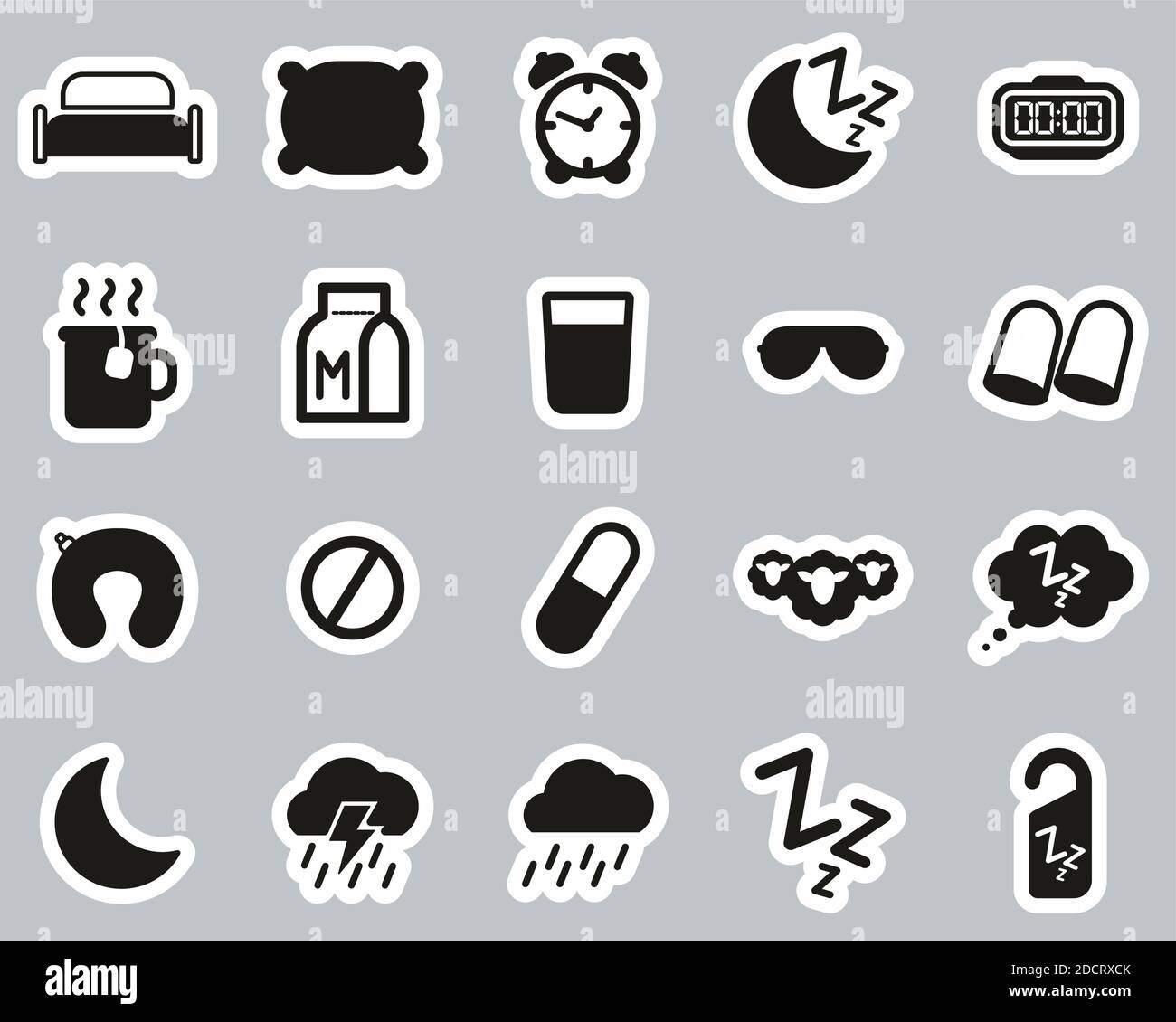 Sleep Or Sleeping Icons Black & White Sticker Set Big Stock Vector ...