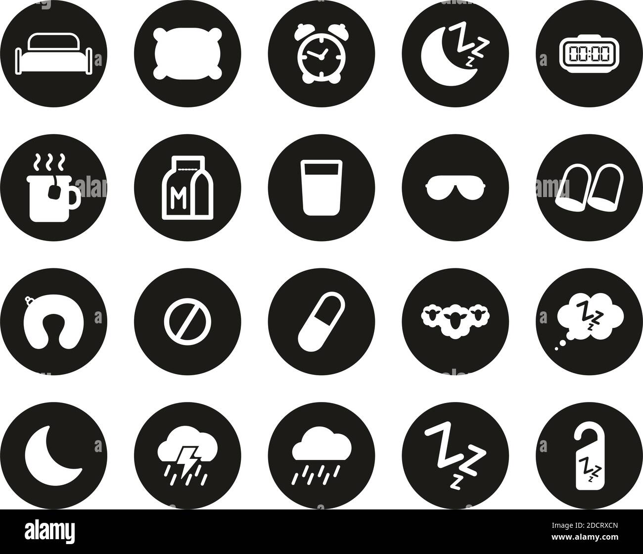 Sleep Or Sleeping Icons White On Black Flat Design Circle Set Big Stock ...