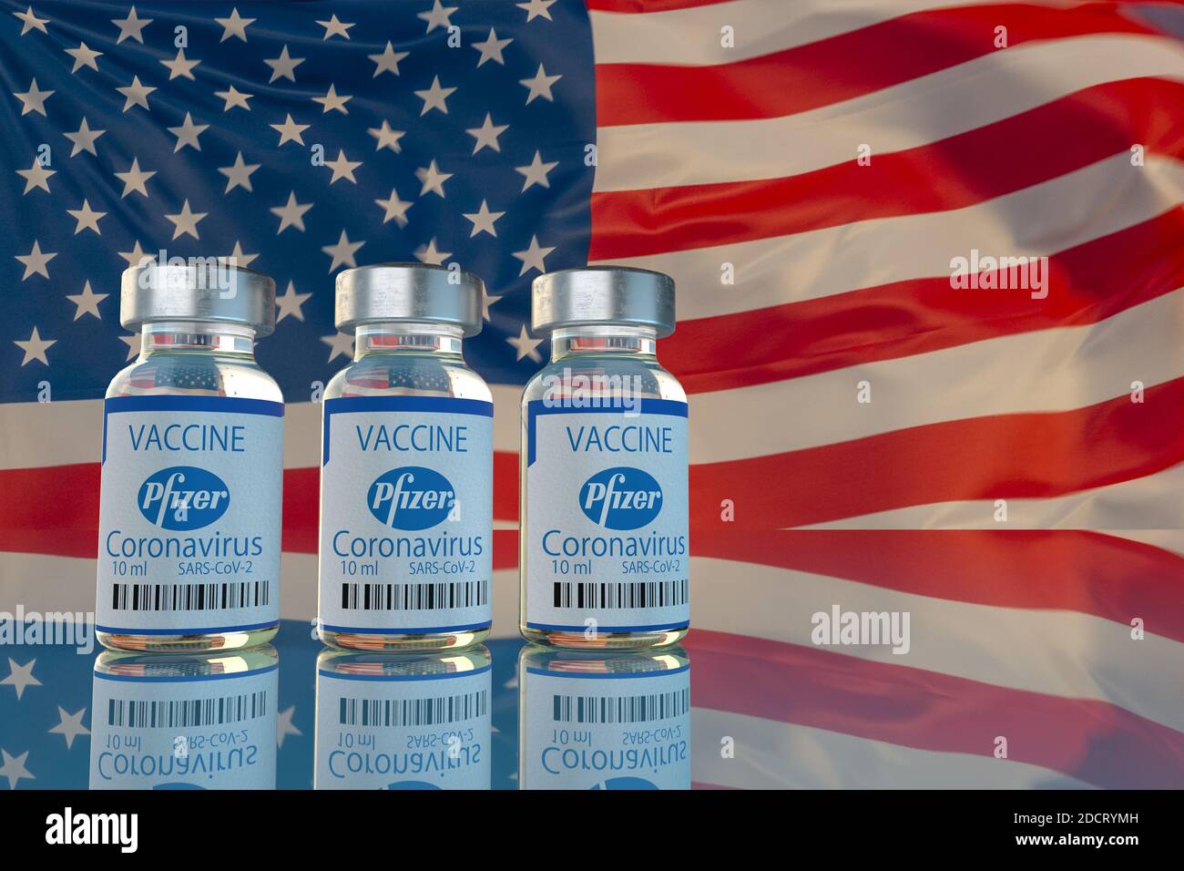 Covid-19 vaccine developed by Pfizer on the background of the USA flag ...