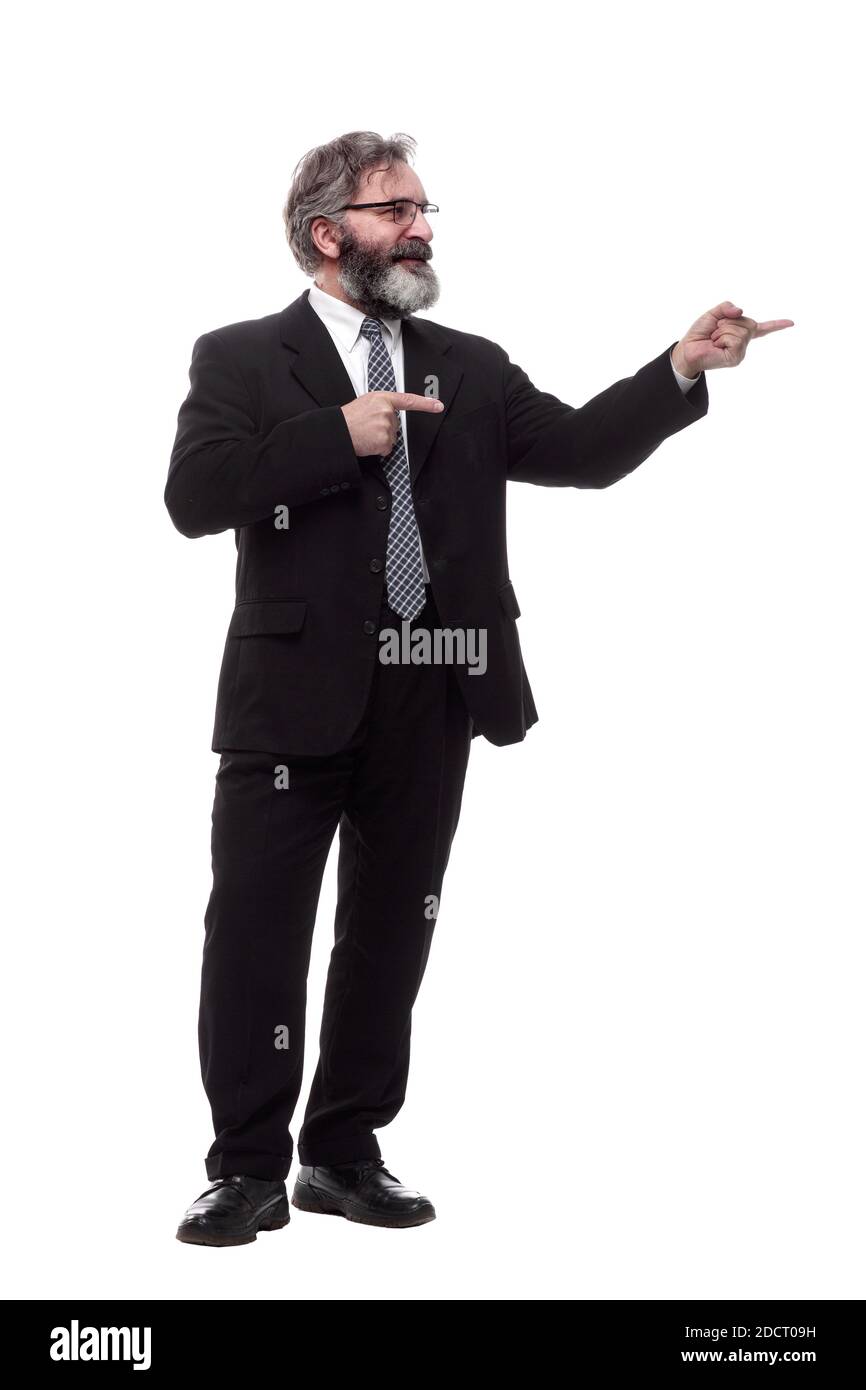 bearded business man pointing up. isolated on a white Stock Photo - Alamy