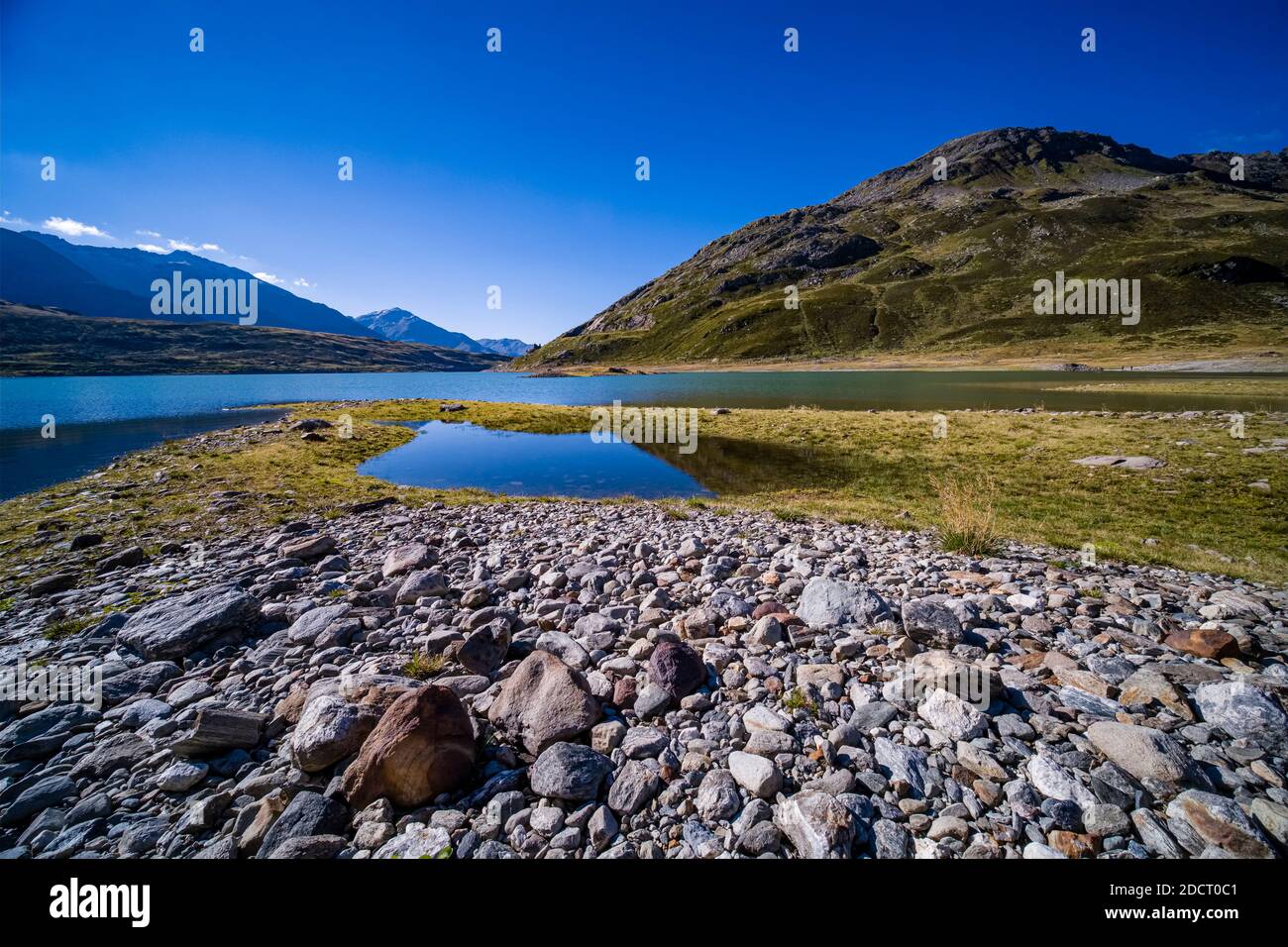 The lake Lago di Montespluga in the valley Val San Giacomo, located ...
