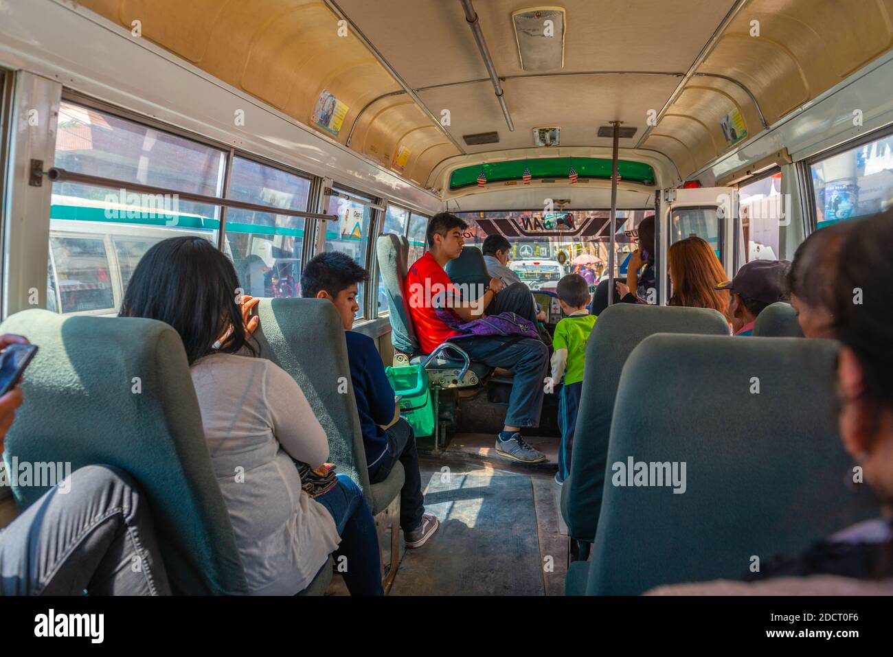 Inside a public bus to the village of Yotala near Sucre, Cordillera ...