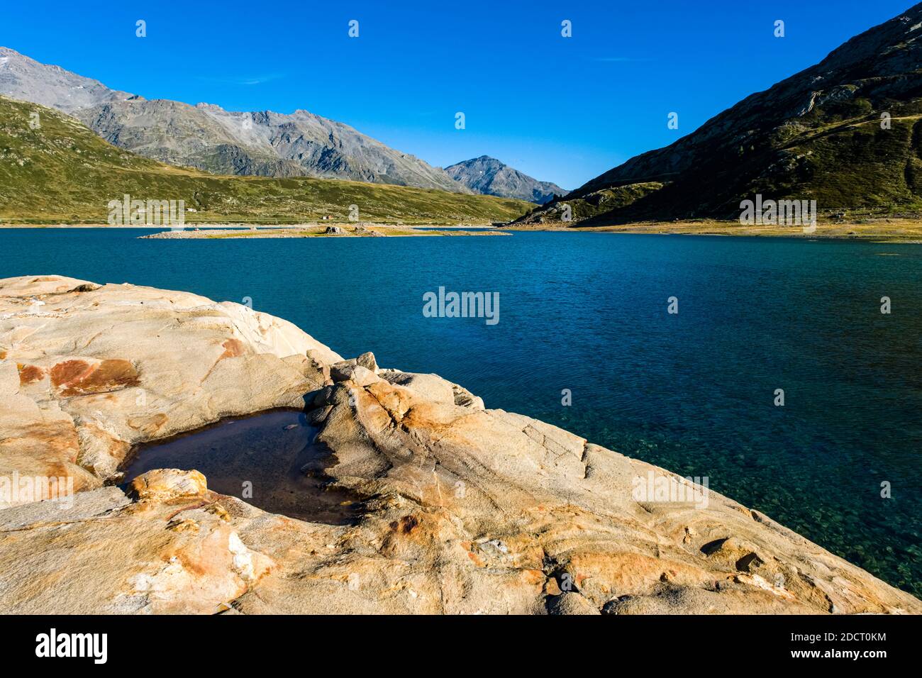 The lake Lago di Montespluga in the valley Val San Giacomo, located ...