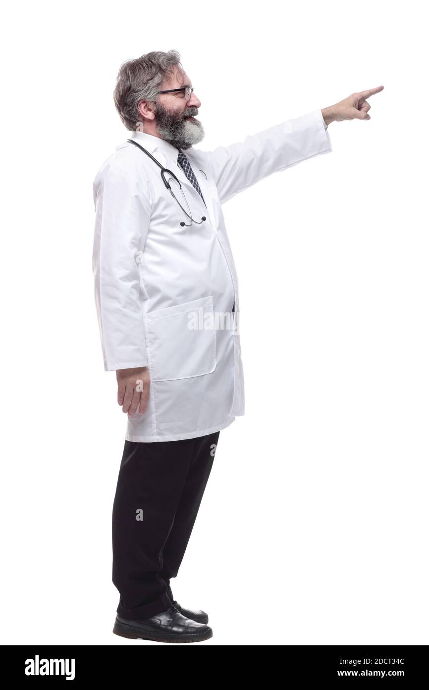 male doctor is pointing at the white screen. isolated on a white Stock ...