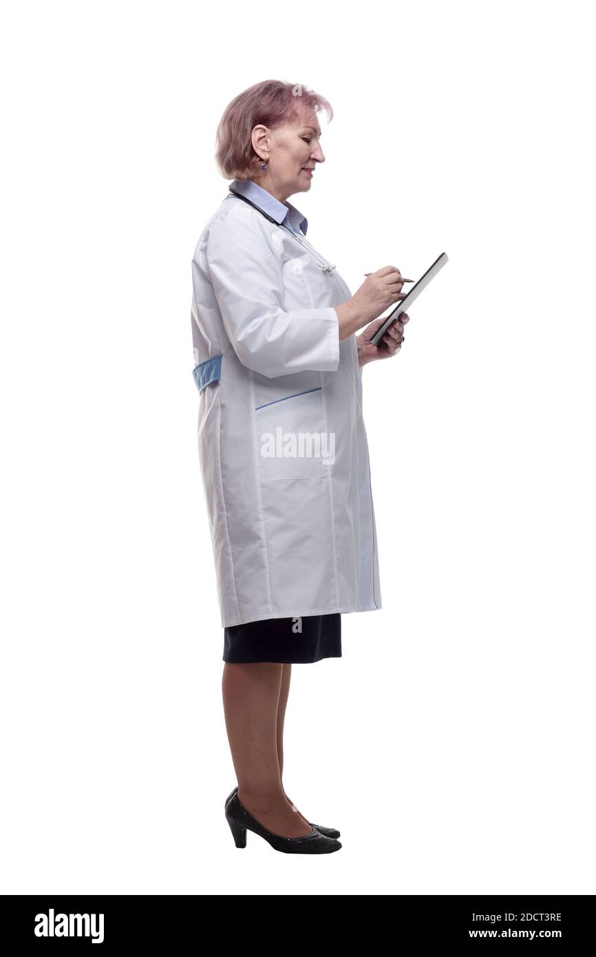 serious therapist taking notes in the clipboard . isolated on a white ...
