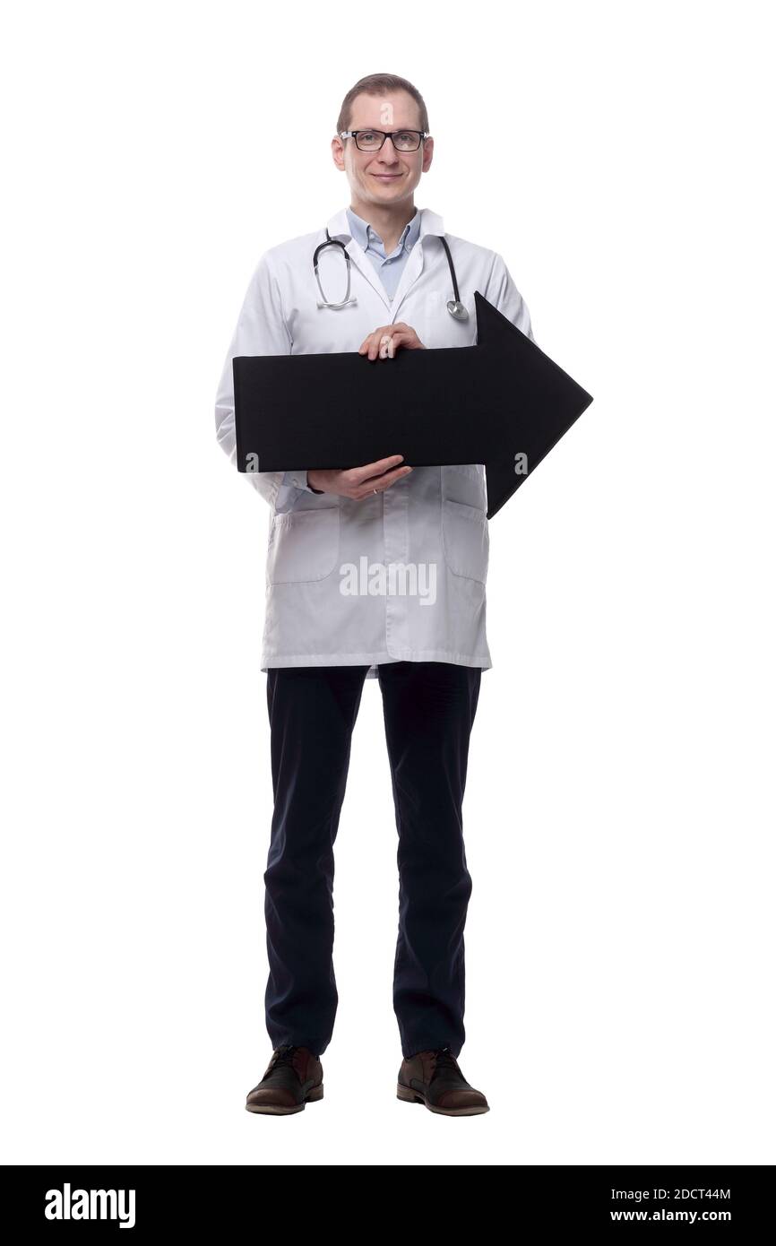 qualified doctor pointing the right direction . isolated on a white ...