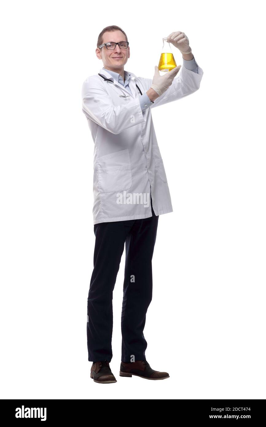 young scientist showing a laboratory flask . isolated on a white Stock ...