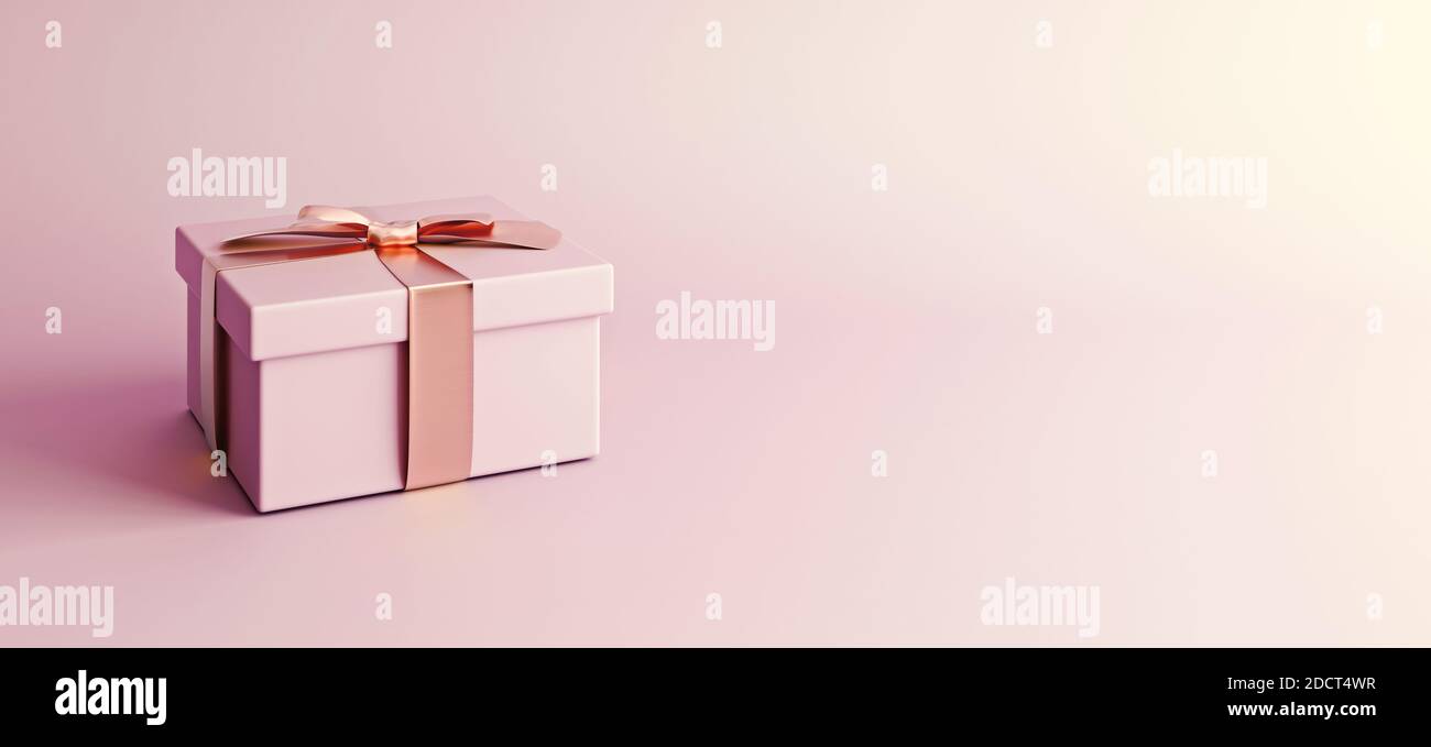 Mock-up poster, baby pink gift box with bronze bow on light pink ...