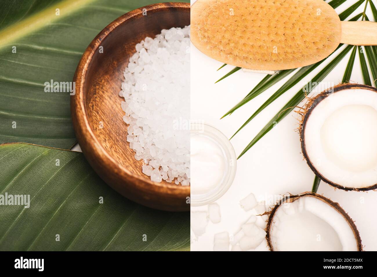 collage of sea salt in wooden bowl, cut coconuts, cosmetic cream, and ...