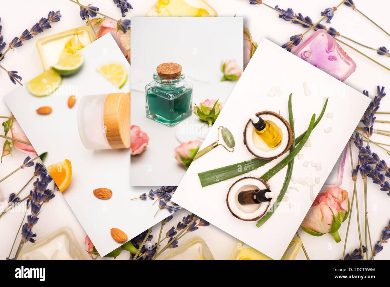collage of natural ingredients and homemade cosmetics on white ...