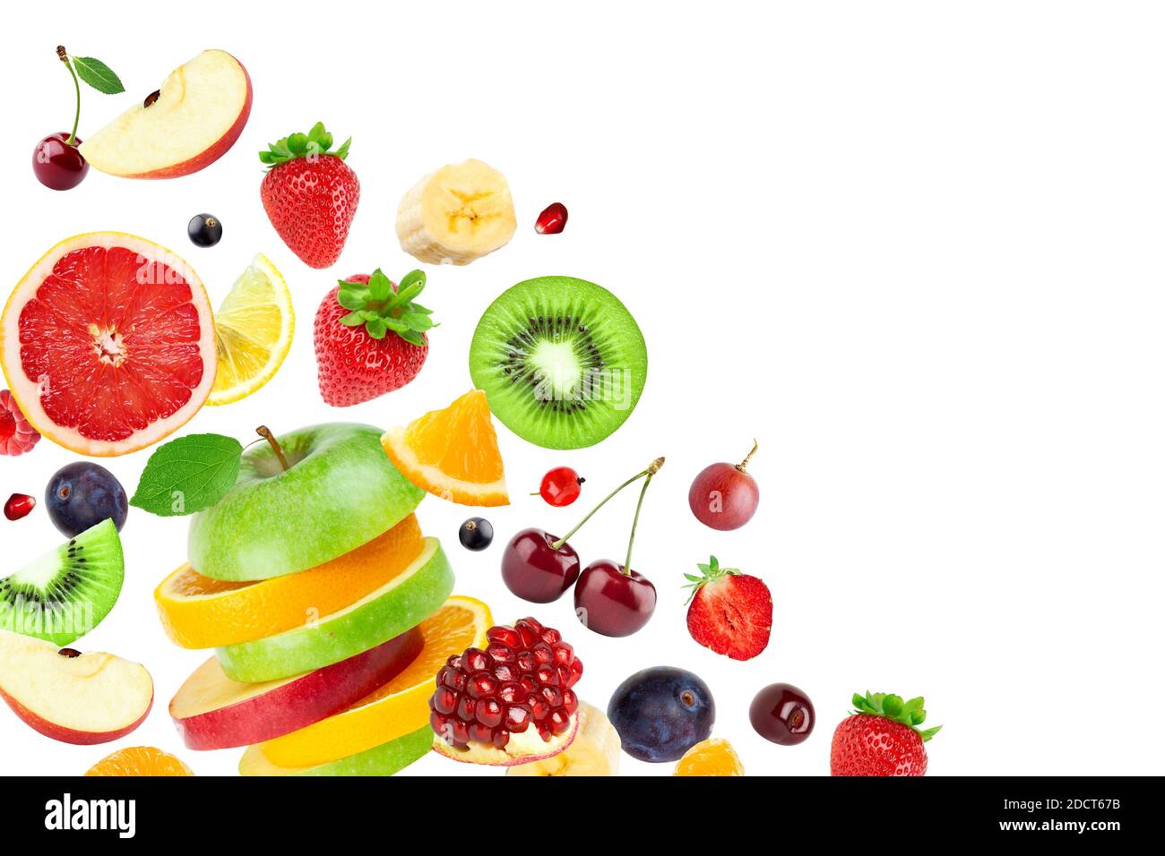 Mixed fruits on white background. Falling fruits Stock Photo - Alamy
