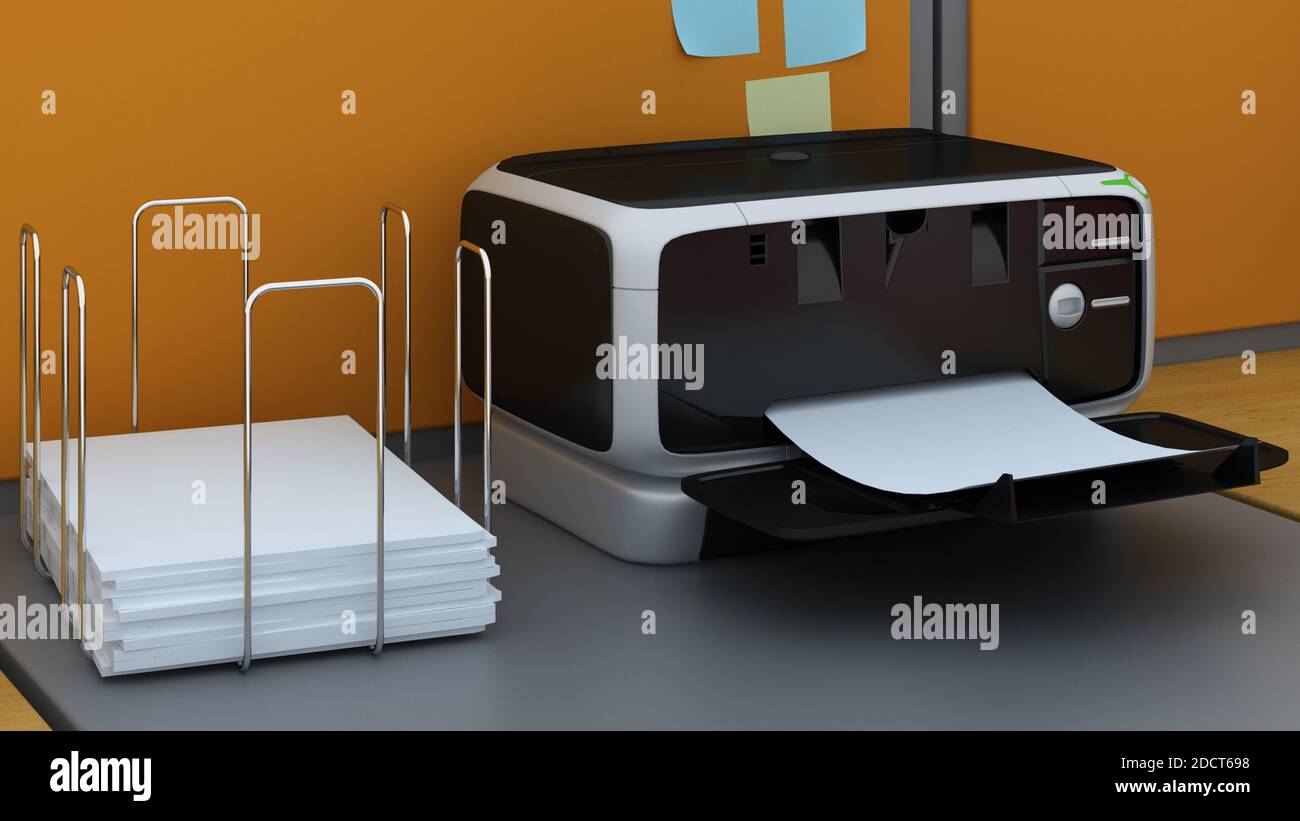 photocopier or scanner and plain white paper stand isolated on desk, 3d ...