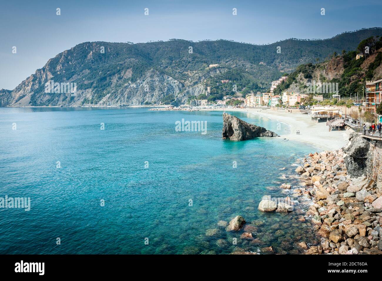 The beautiful sandy beach at the Village of Monterosso on the Ligurian ...