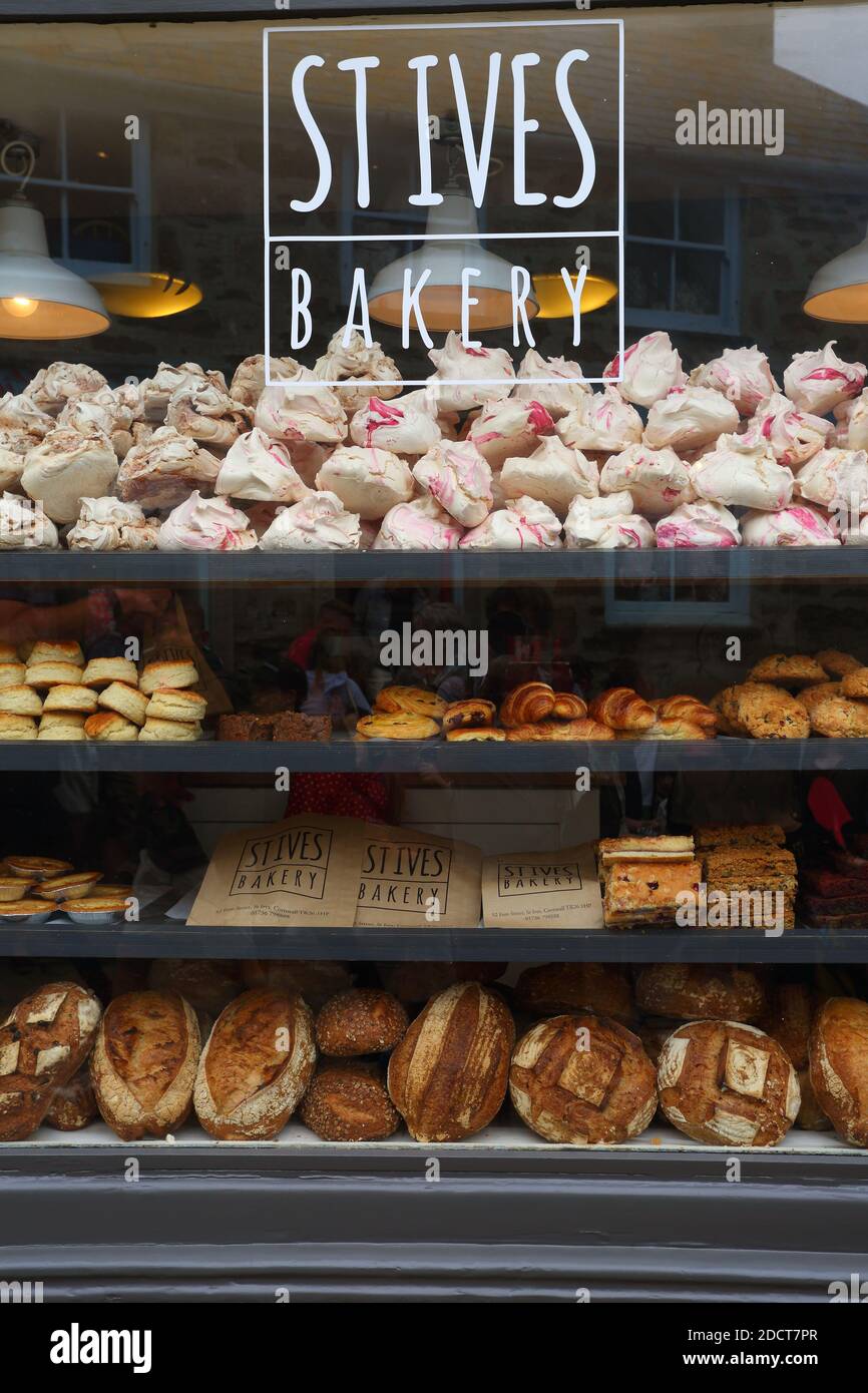 Window at St. Ives Bakery, Fore Street, St. Ives, Cornwall, UK Stock ...
