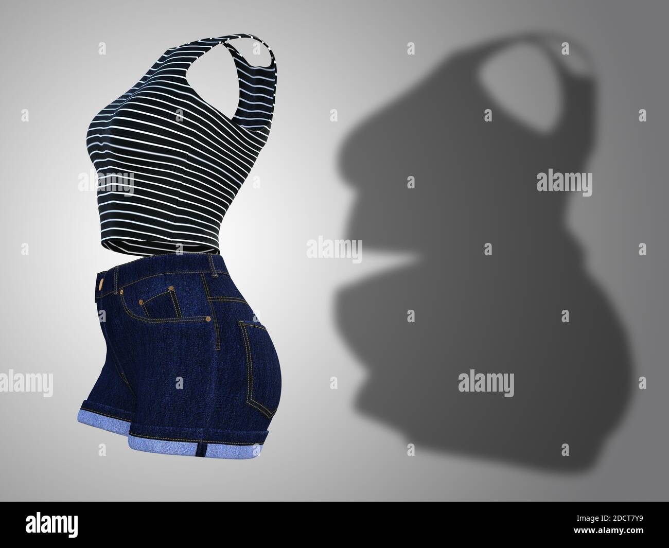 Conceptual fat overweight obese shadow female clothes outfit vs slim ...