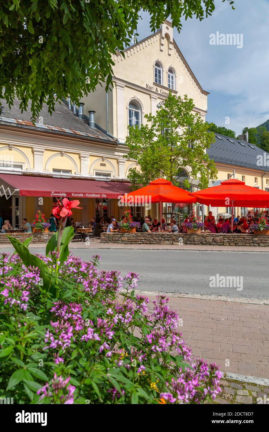 View of colourful buildings and main street in Bad Aussie, Styria ...