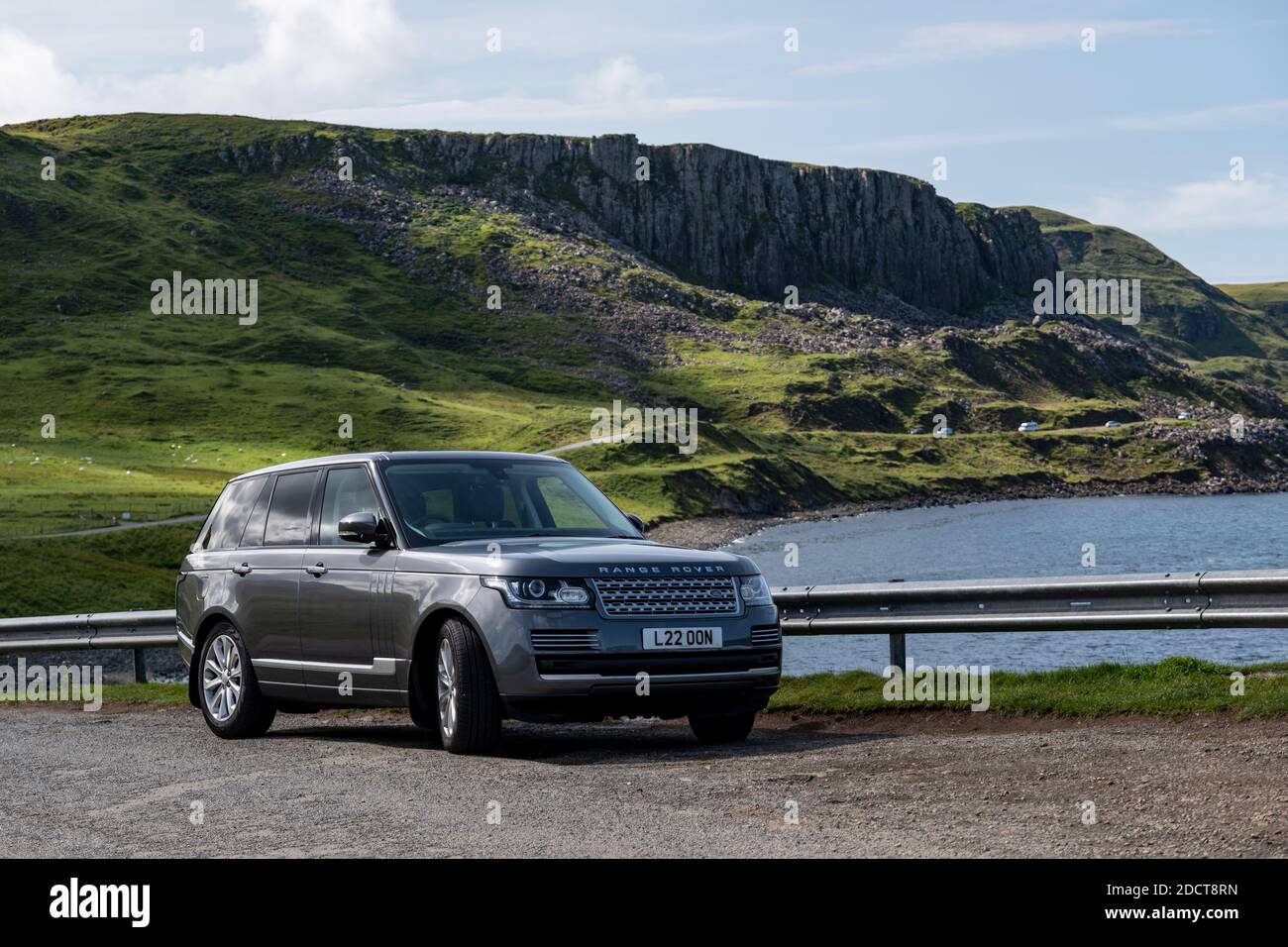 DUNTULM CASTLE, SCOTLAND - AUGUST 5, 2019: The legendary Range Rover ...