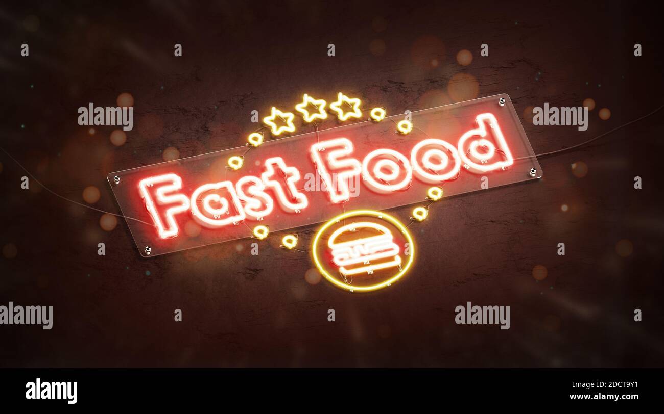 Neon fastfood burger sign dark stone wall, glowing font mockup Stock ...