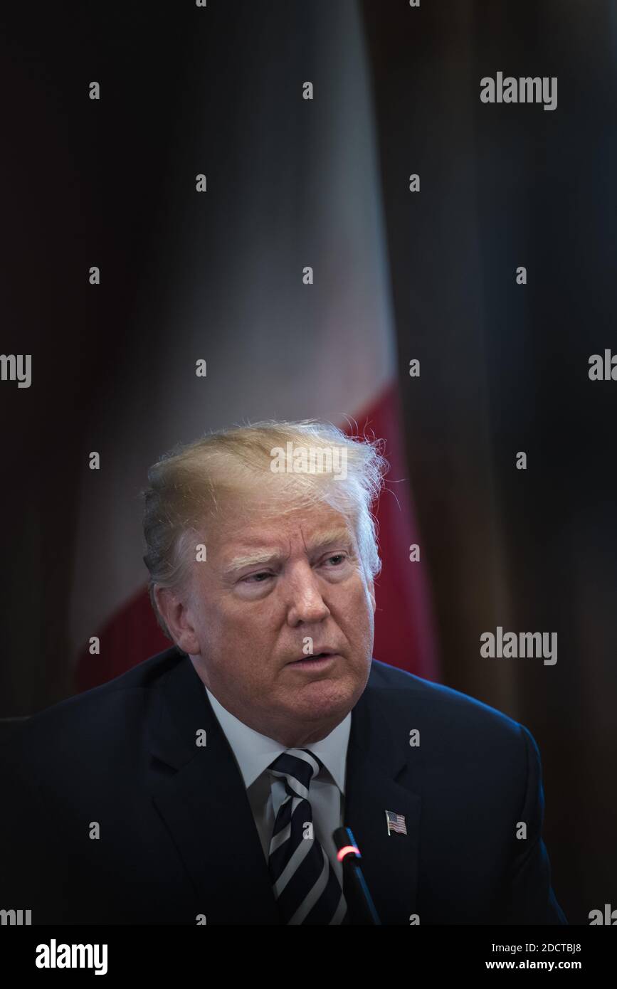Portrait : Us President Donald Trump (with both flag : French and US ...