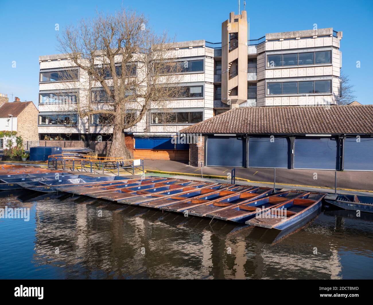 Punts moored on the River Cam by Mill Lane in front of the Cambridge ...