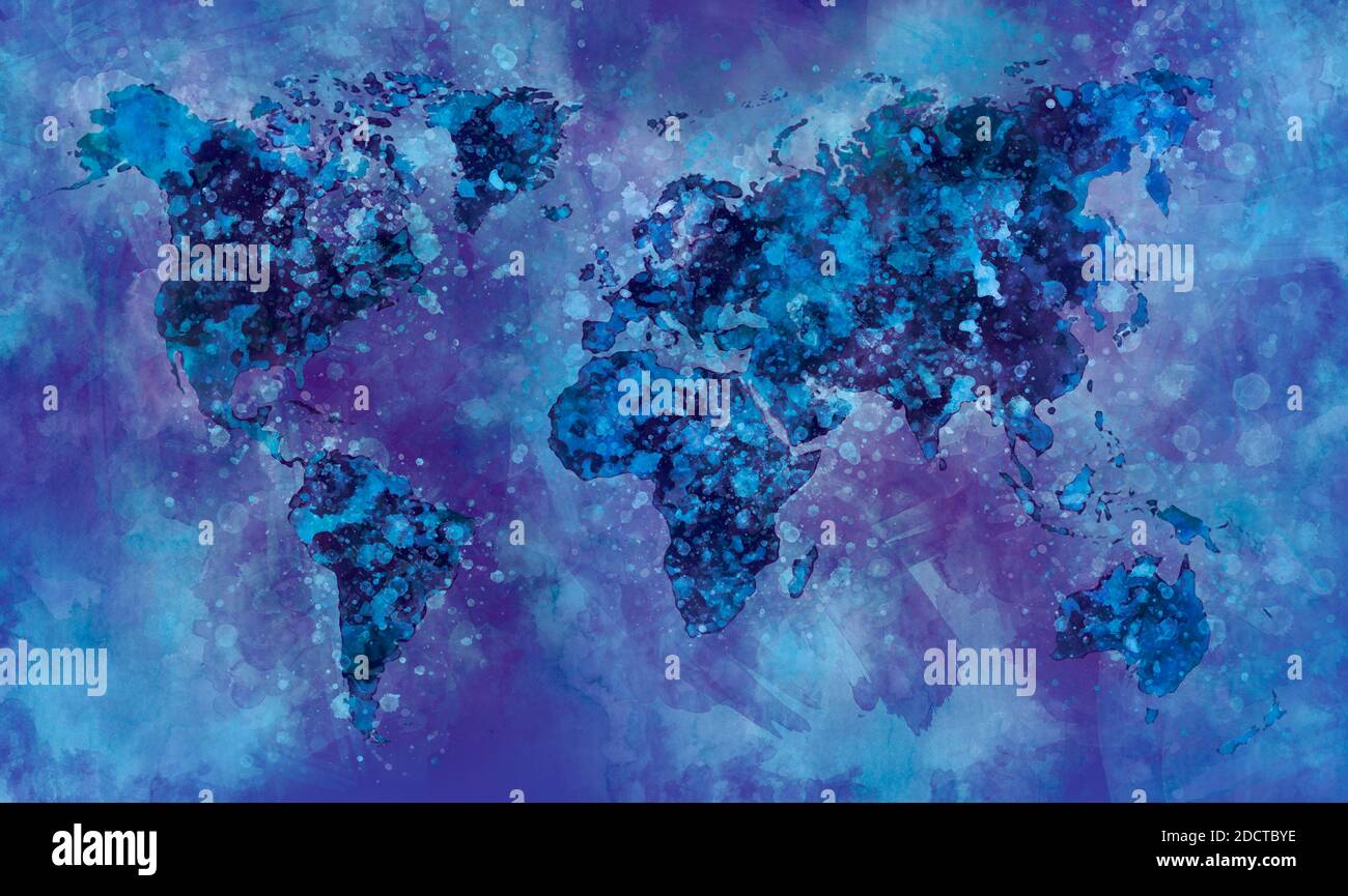 Dark Night World map in watercolor painting abstract splatters on paper ...