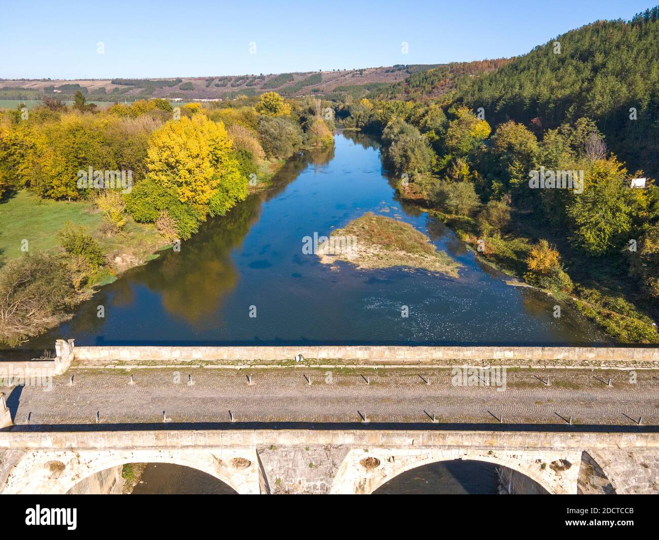 Aerial view of Nineteenth-century bridge over the Yantra River, known ...