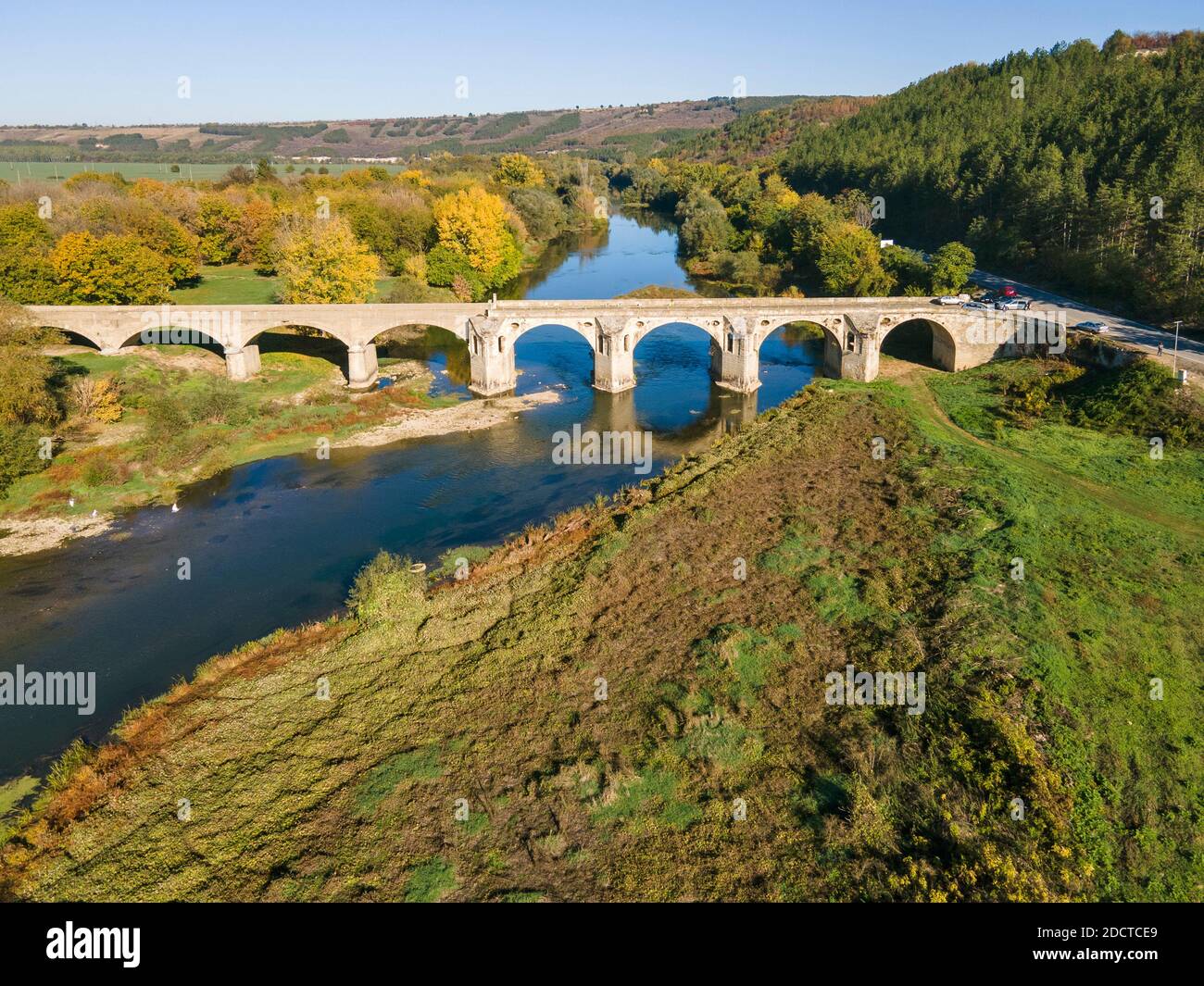 Aerial view of Nineteenth-century bridge over the Yantra River, known ...
