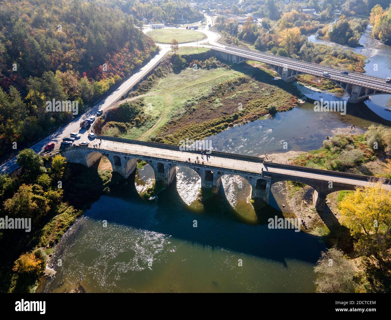 Aerial view of Nineteenth-century bridge over the Yantra River, known ...