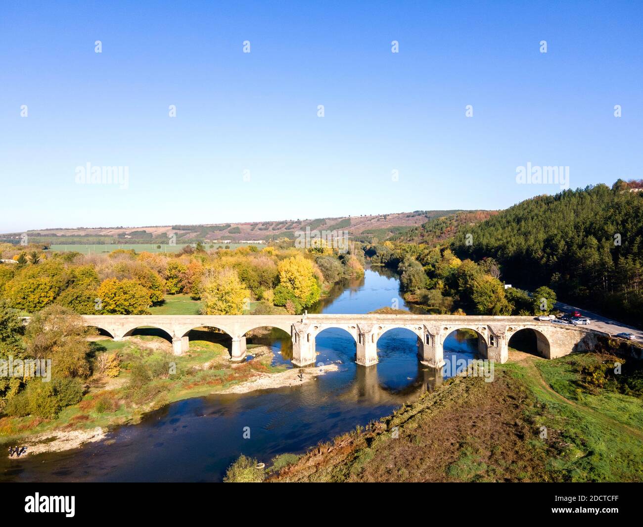 Aerial view of Nineteenth-century bridge over the Yantra River, known ...