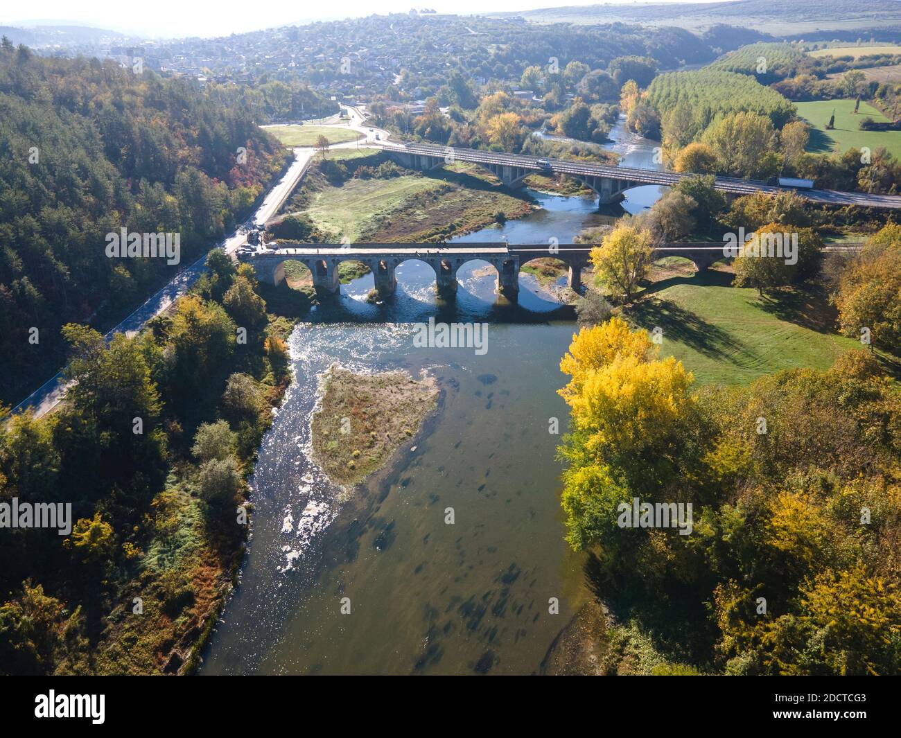 Aerial view of Nineteenth-century bridge over the Yantra River, known ...