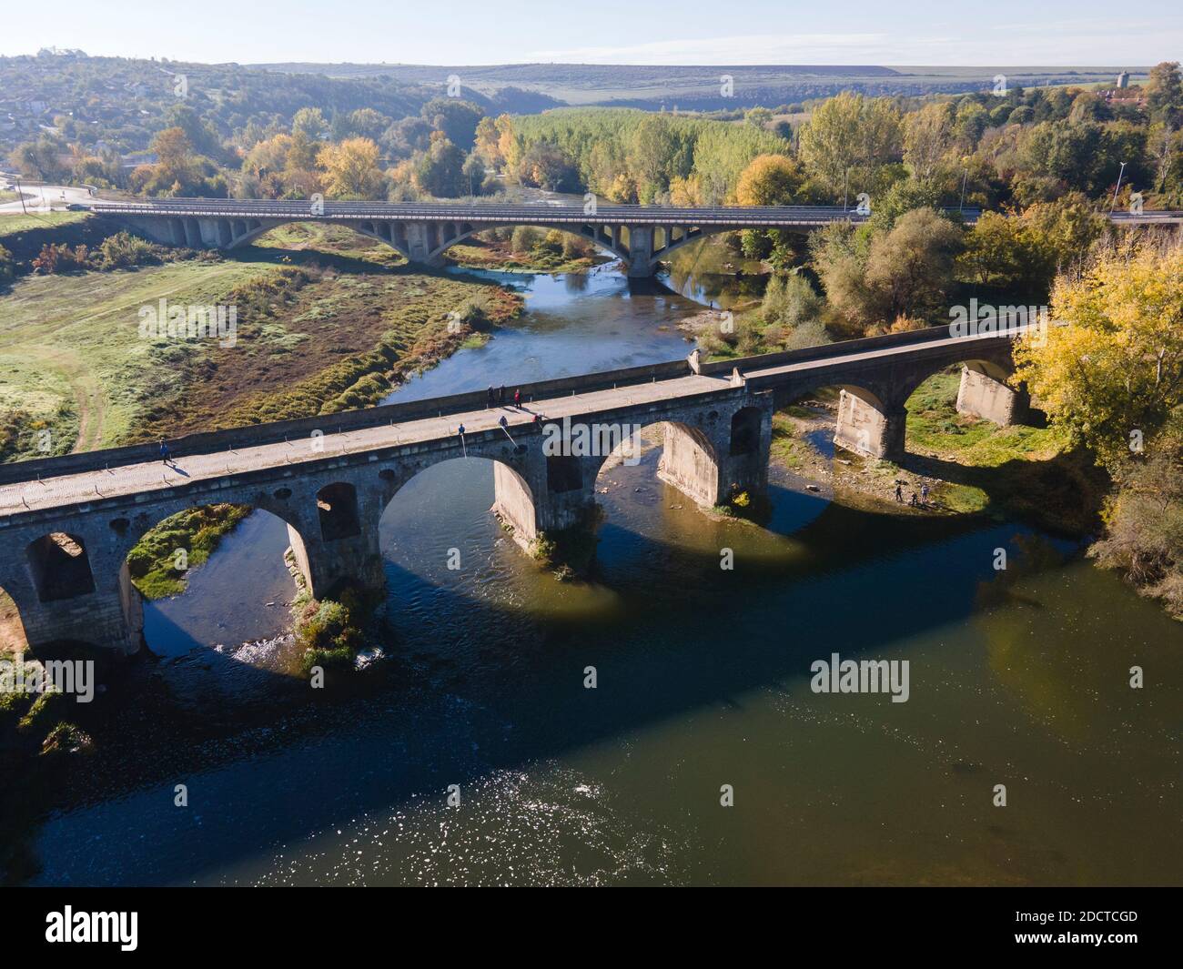 Aerial view of Nineteenth-century bridge over the Yantra River, known ...