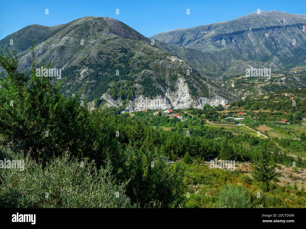 Summer landscape -Albanian mountains, covered with green trees and blue ...