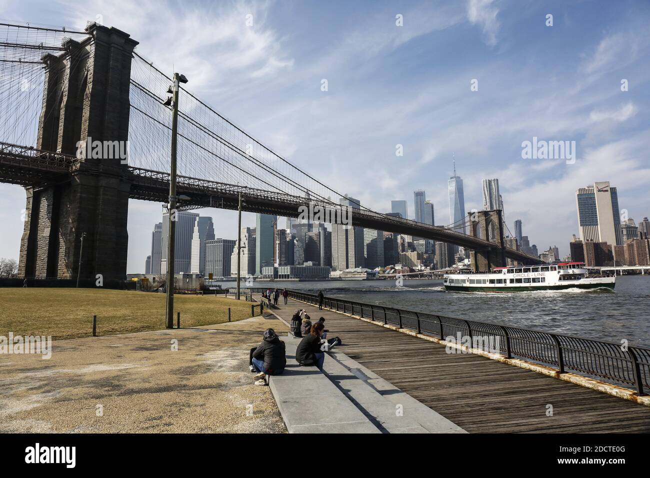Brooklyn Bridge illustration seen from Dumbo area in Brooklyn, New York ...