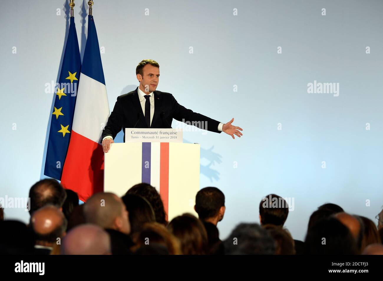 French President Emmanuel Macron delivers a speech to members of the ...