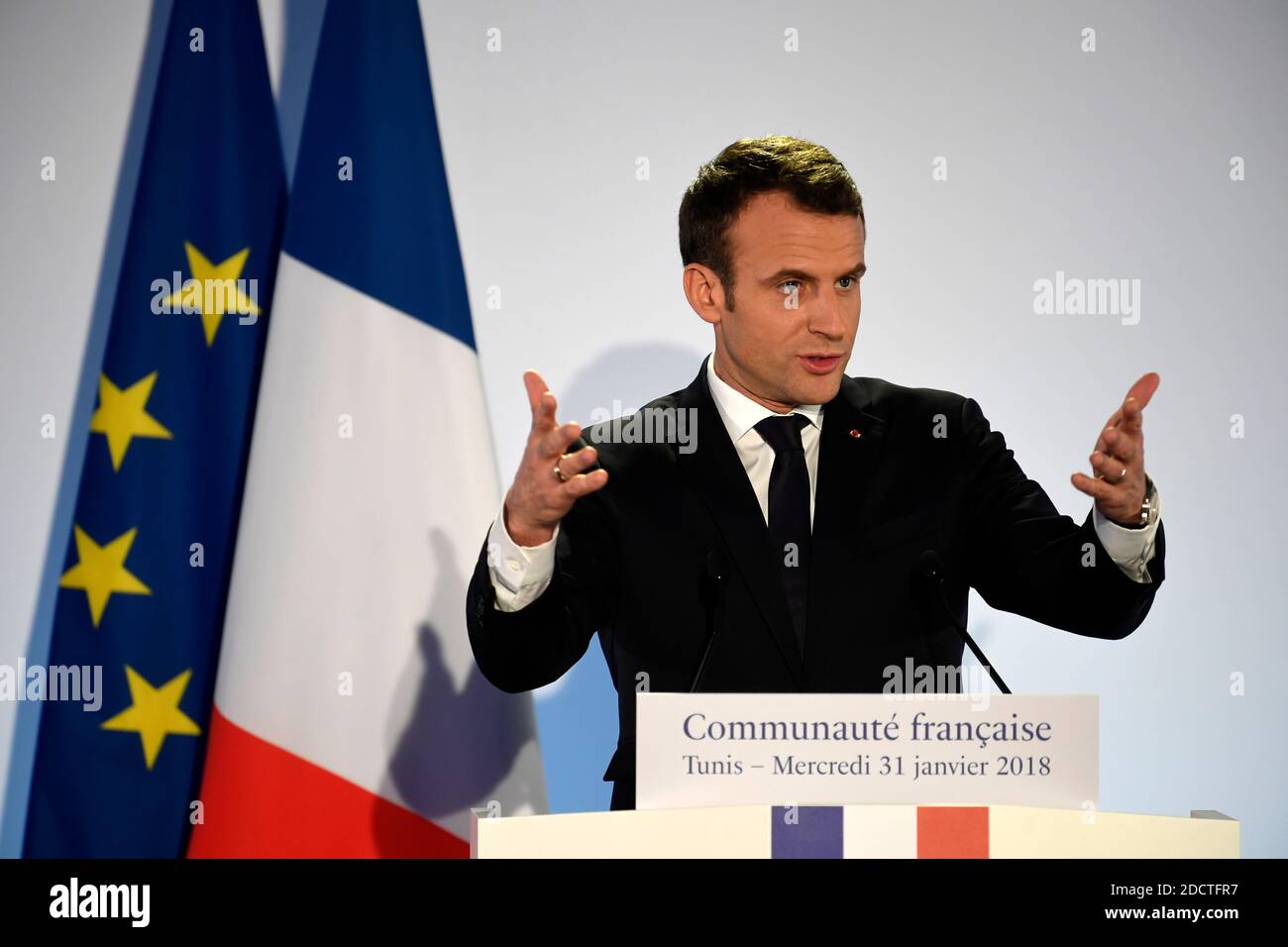 French President Emmanuel Macron delivers a speech to members of the ...