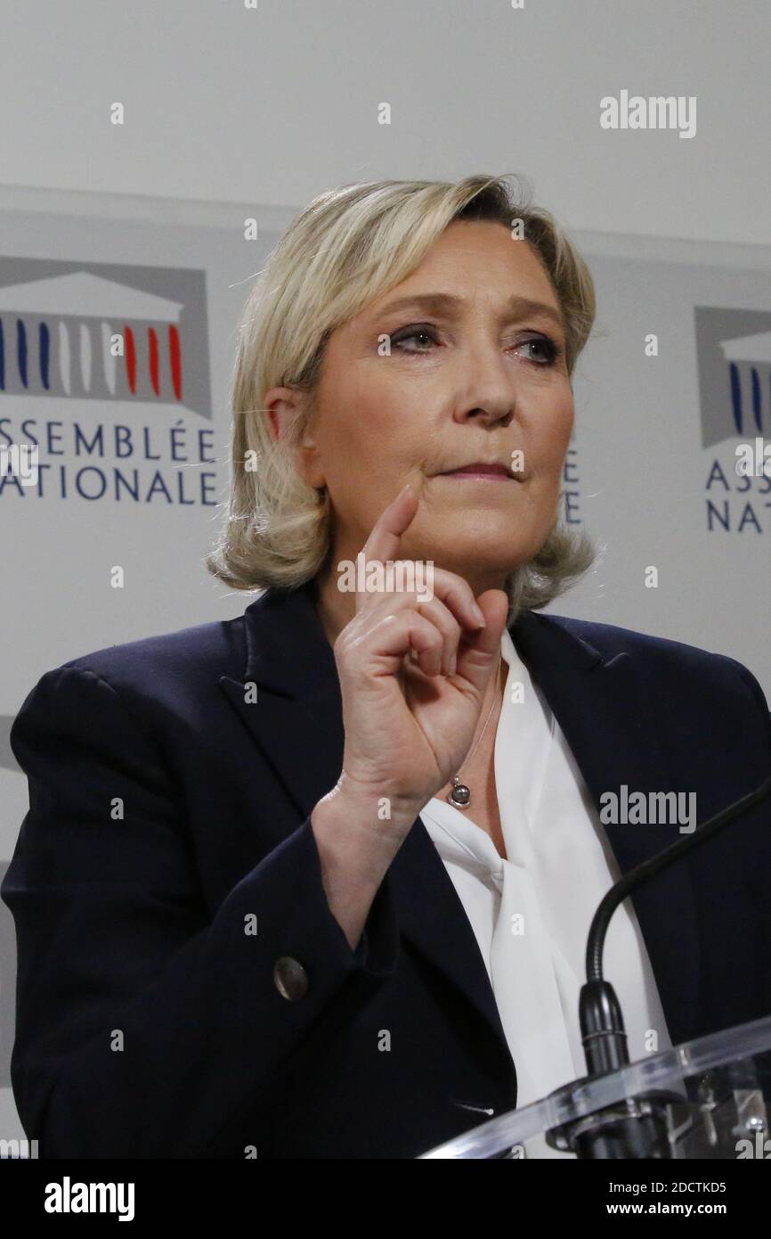 Marine Le Pen president of Front National during a press conference on ...